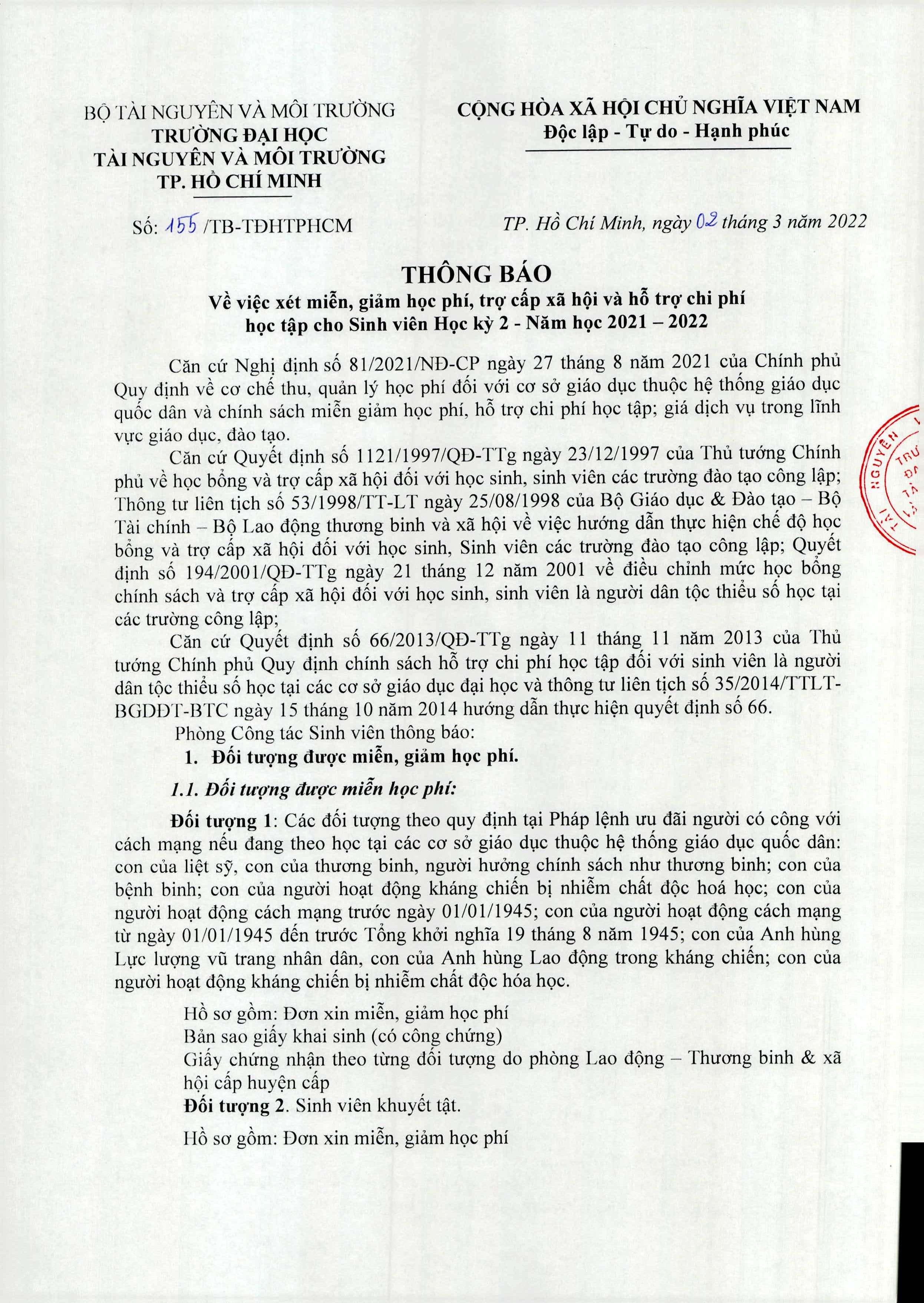 Thông báo 155 xét miễn giảm học phí, trợ cấp xã hội và hỗ trợ chi phí ...